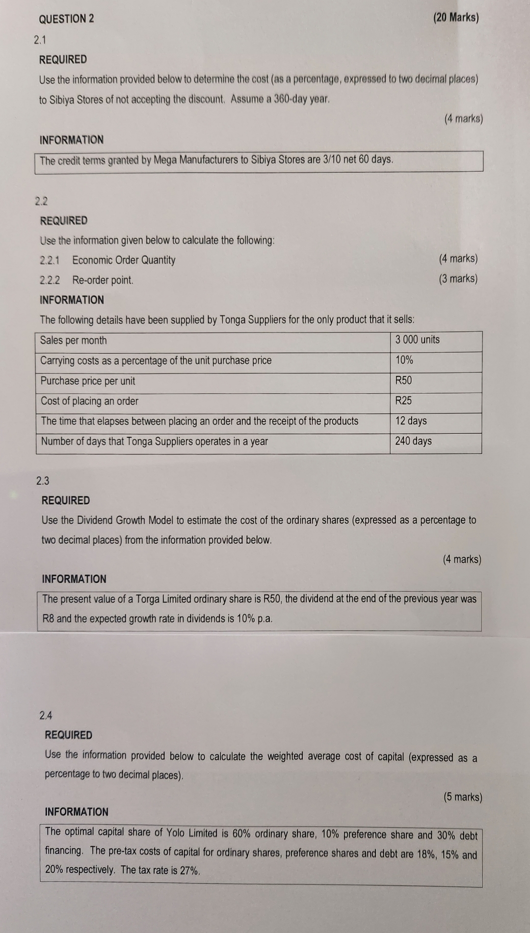 Solved QUESTION 2(20 ﻿Marks)2.1REQUIREDUse the information | Chegg.com