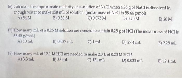 Solved 16) Calculate the approximate molarity of a solution | Chegg.com