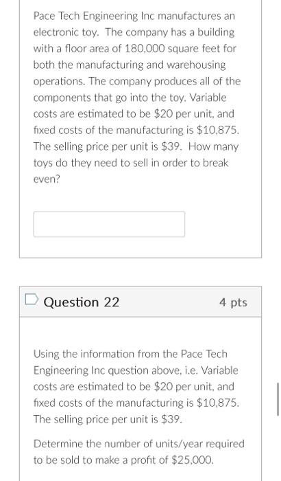 Solved Pace Tech Engineering Inc manufactures an electronic | Chegg.com