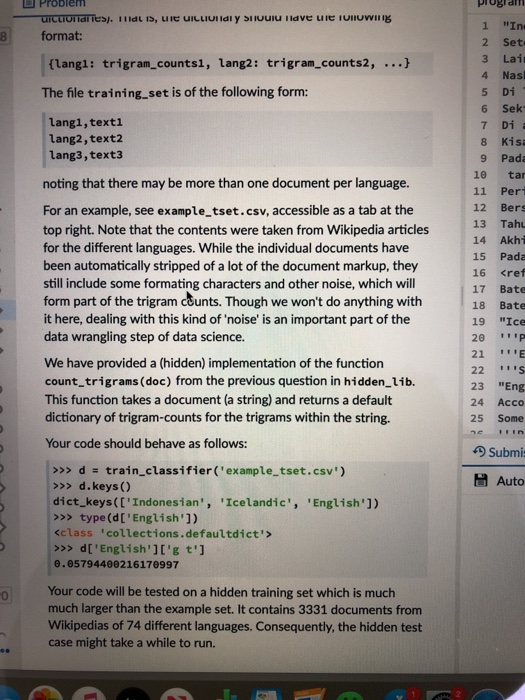 Solved Problem W18 Write a function train_classifier | Chegg.com