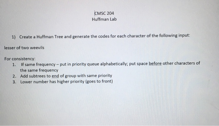 Solved CMSC 204 Huffman Lab 1) Create a Huffman Tree and | Chegg.com
