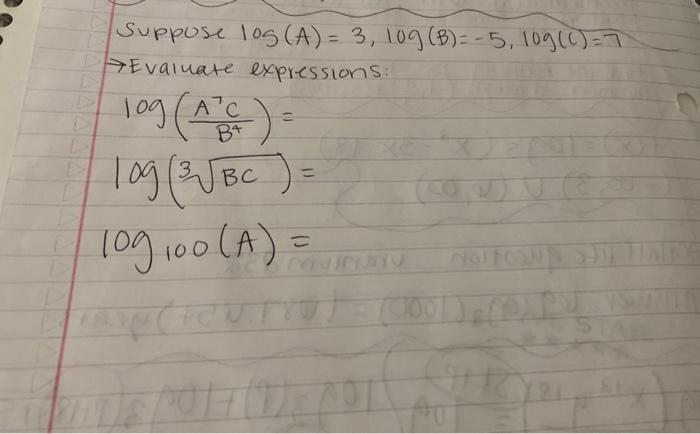 Solved suppose log(A)=3,log(B)=−5,log(C)=7 → Evaluate | Chegg.com