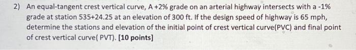 Solved 2) An equal-tangent crest vertical curve, A+2% grade | Chegg.com