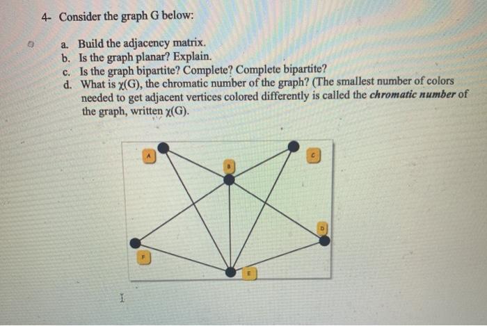 Solved 4. Consider the graph G below: a. Build the adjacency | Chegg.com