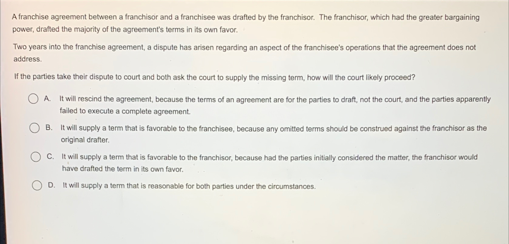 Solved A franchise agreement between a franchisor and a | Chegg.com