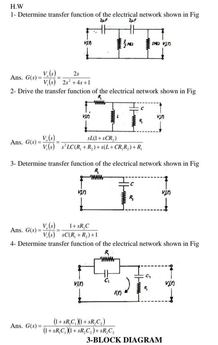 Solved H.W 1- Determine transfer function of the electrical | Chegg.com