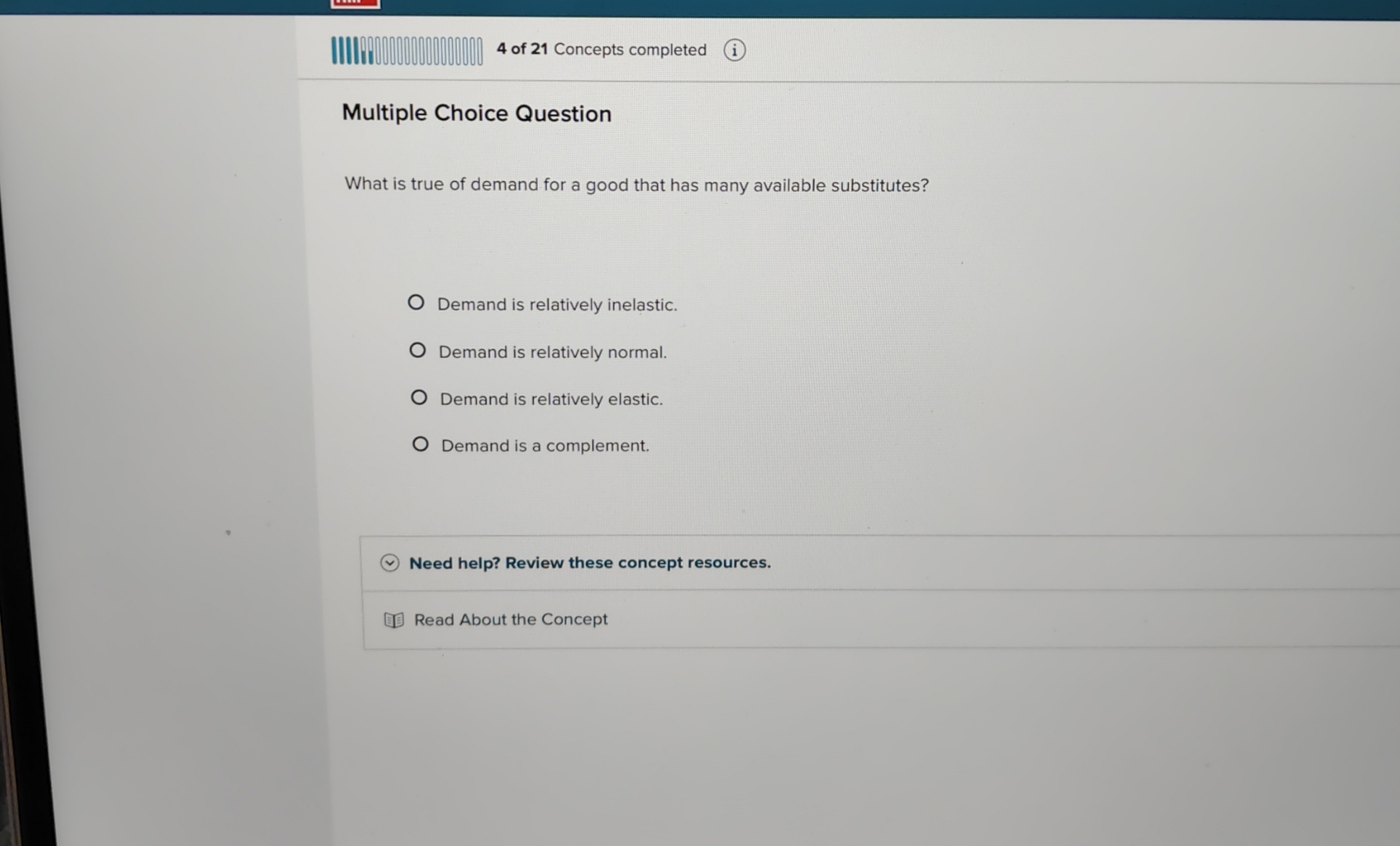 Solved 4 ﻿of 21 ﻿Concepts completed (i)Multiple Choice | Chegg.com