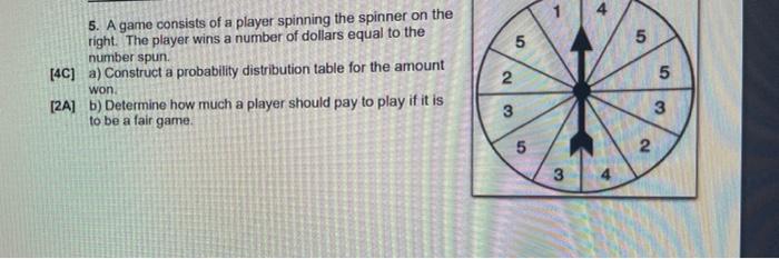 Solved 5. A game consists of a player spinning the spinner | Chegg.com