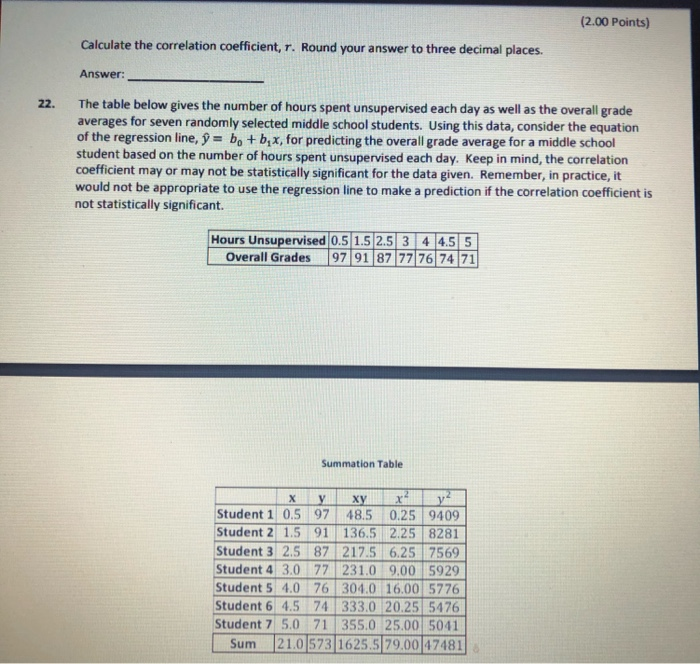 Solved (2.00 Points) Calculate the correlation coefficient, | Chegg.com