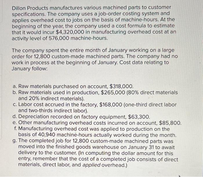 Solved Dillon Products manufactures various machined parts | Chegg.com