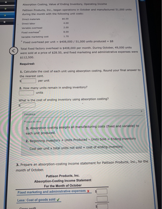 Solved Absorption Costing, Value of Ending Inventory, | Chegg.com