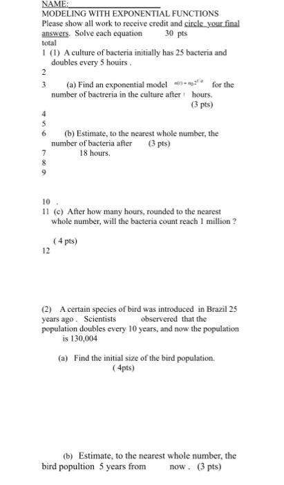 Solved NAME: MODELING WITH EXPONENTIAL FUNCTIONS Please show | Chegg.com