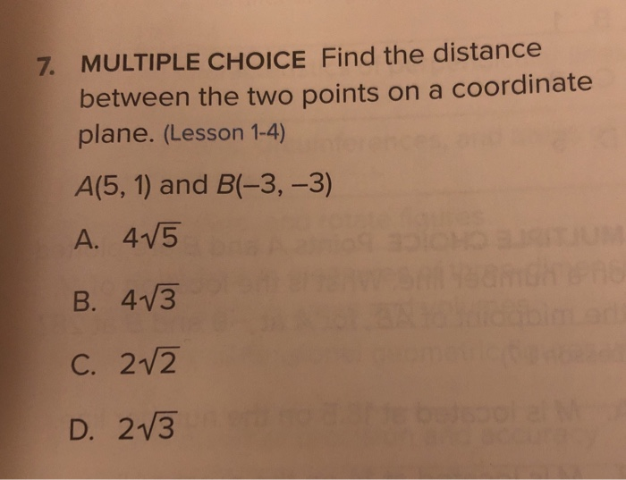 Solved 7. MULTIPLE CHOICE Find the distance between the two | Chegg.com