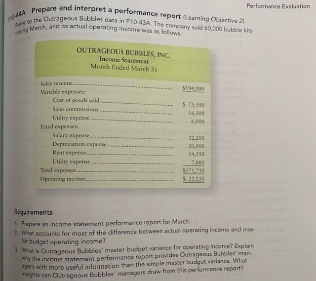 Solved Performance Evaluation P10-44A Prepare and interpret | Chegg.com