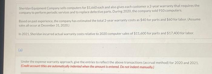Solved Sheridan Equipment Company sells computers for $1,660 | Chegg.com