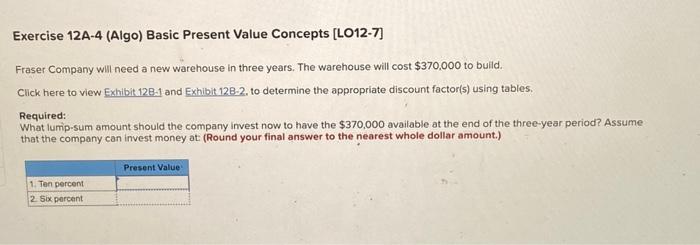 Solved Exercise 12A-4 (Algo) Basic Present Value Concepts | Chegg.com
