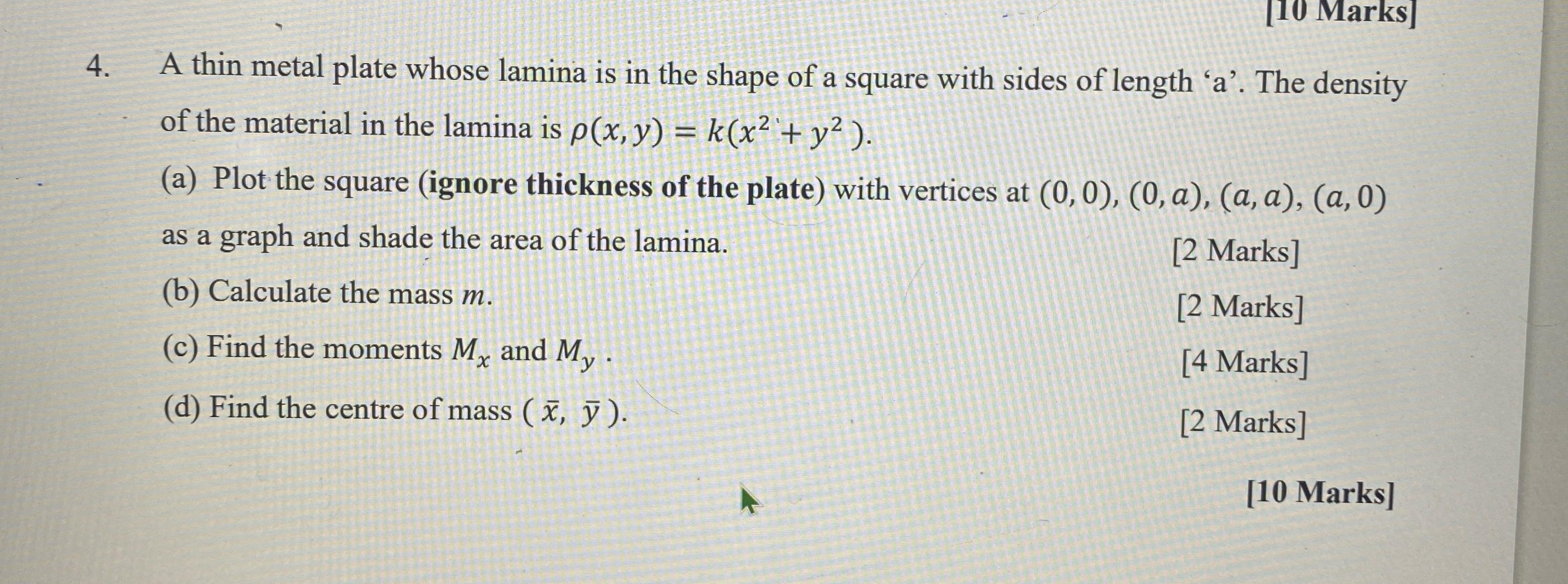 Solved 4. ﻿A thin metal plate whose lamina is in the shape | Chegg.com