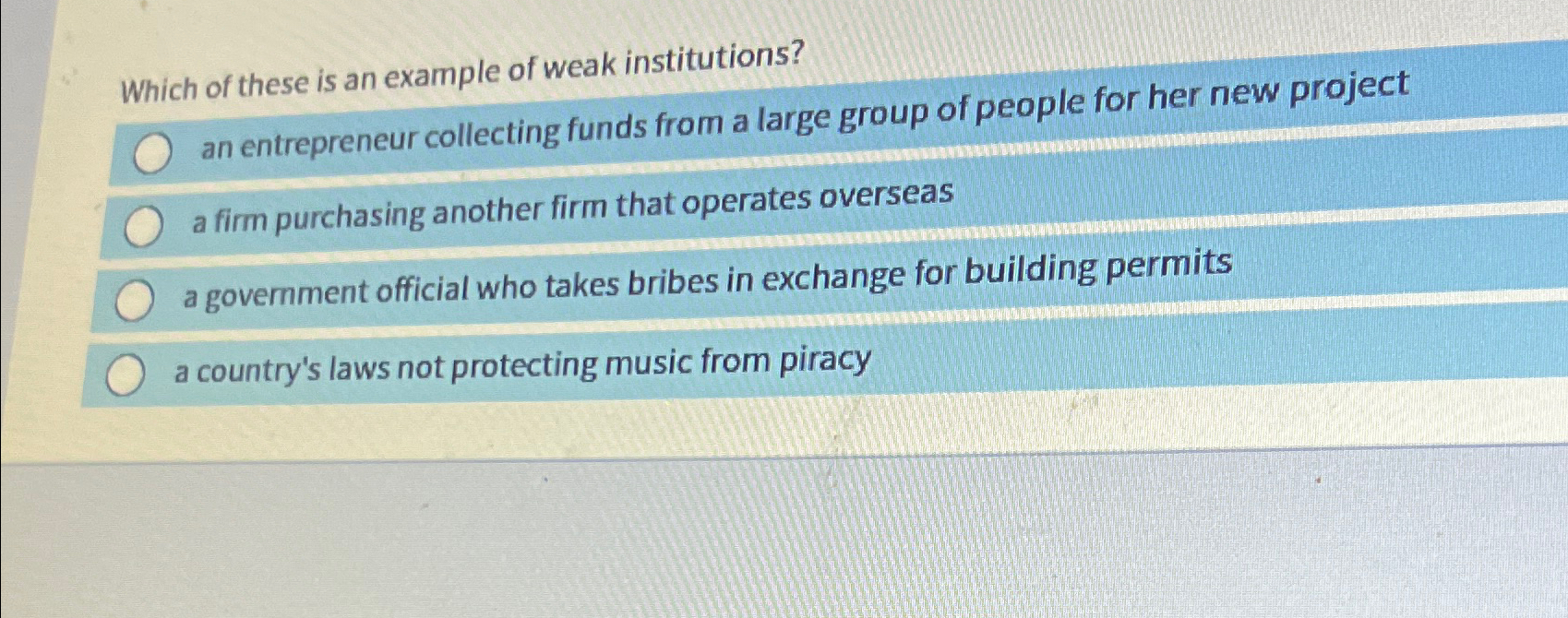 Solved Which of these is an example of weak institutions?an | Chegg.com