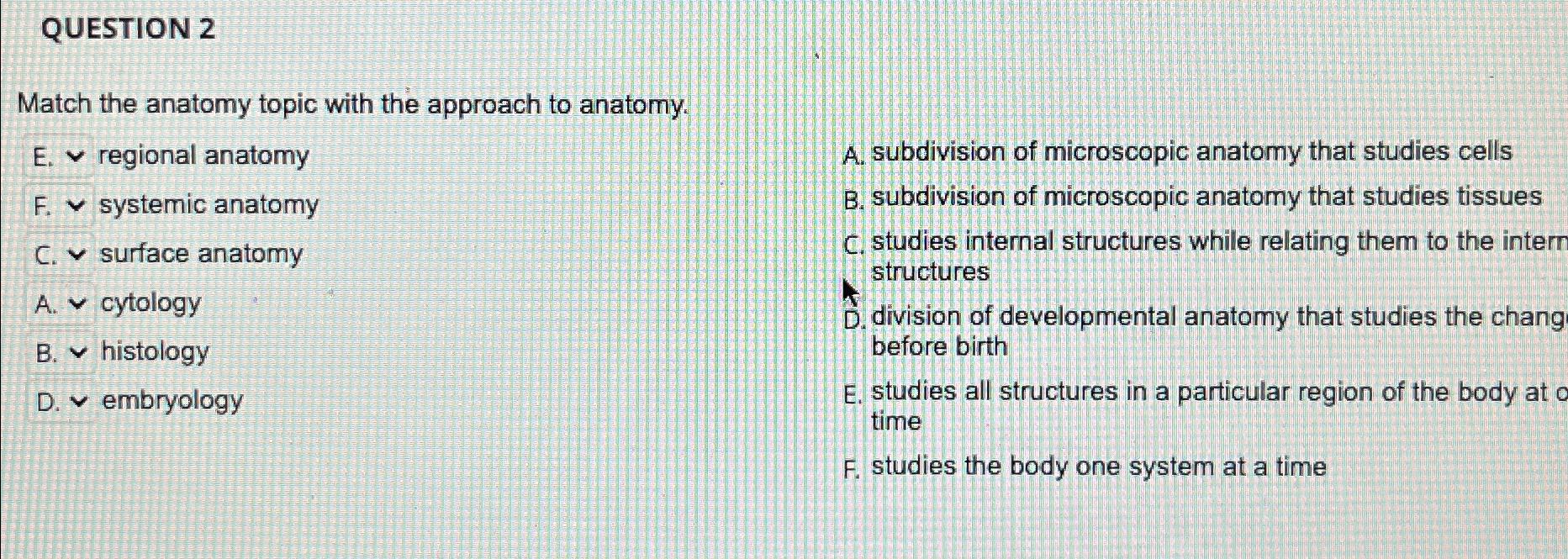 Solved QUESTION 2Match the anatomy topic with the approach | Chegg.com
