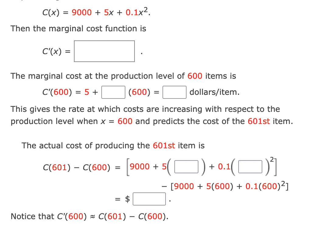 Solved C(x)=9000+5x+0.1x2.Then the marginal cost function | Chegg.com