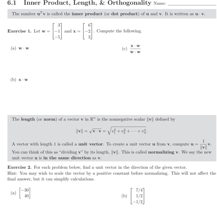 Solved 6.1 Inner Product, Length, & Orthogonality Name: The | Chegg.com