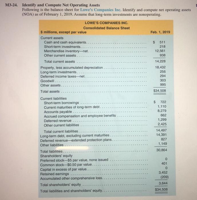 Solved M3-24. Identify and Compute Net Operating Assets | Chegg.com