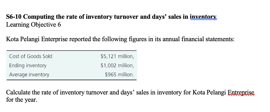 Solved S6-10 ﻿Computing the rate of inventory turnover and | Chegg.com