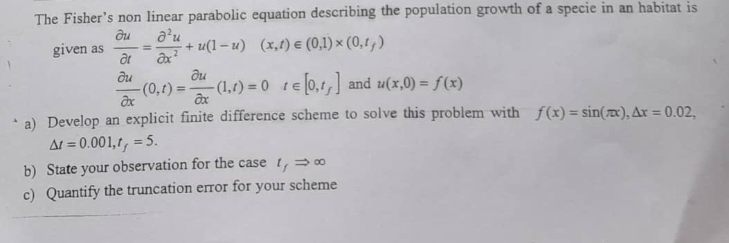 Solved The Fisher's non linear parabolic equation describing | Chegg.com