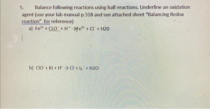 Solved 5. Balance following reactions using half-reactions. | Chegg.com
