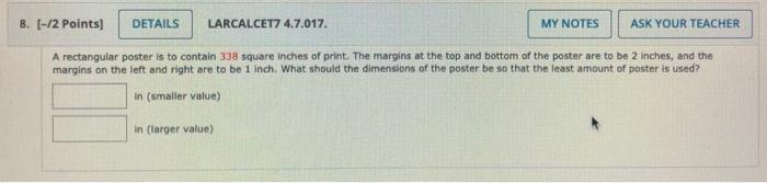 Solved 8. 1-/2 points) DETAILS LARCALCET7 4.7.017. MY NOTES | Chegg.com Solved 8. 1-/2 points) DETAILS LARCALCET7 4.7.017. MY NOTES | Chegg.com