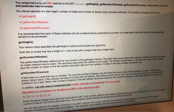 Your assignment is to add SIX methods to the BST | Chegg.com