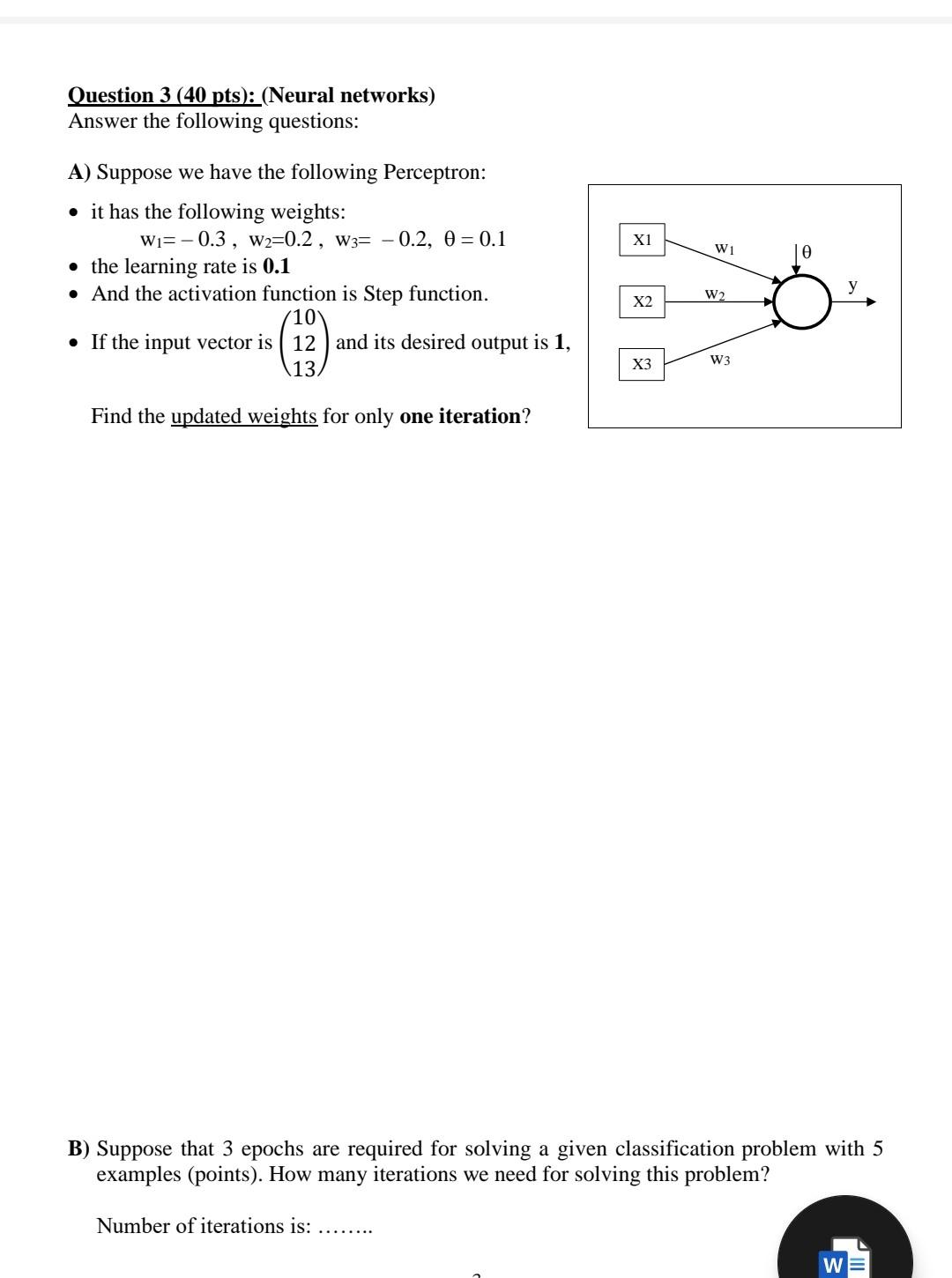 Question 3 (40 pts): (Neural networks) Answer the | Chegg.com
