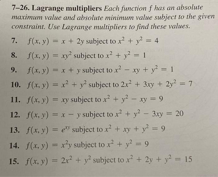 Solved 7–26. Lagrange multipliers Each function f has an | Chegg.com