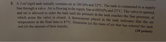 Solved 5. A 2−m3 rigid tank initially contains air at 100kPa | Chegg.com