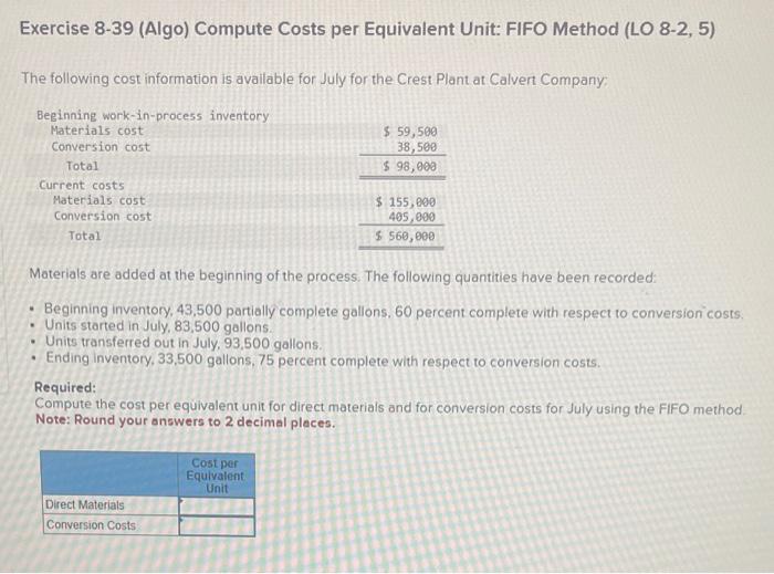 Solved Exercise 8-39 (Algo) Compute Costs per Equivalent | Chegg.com