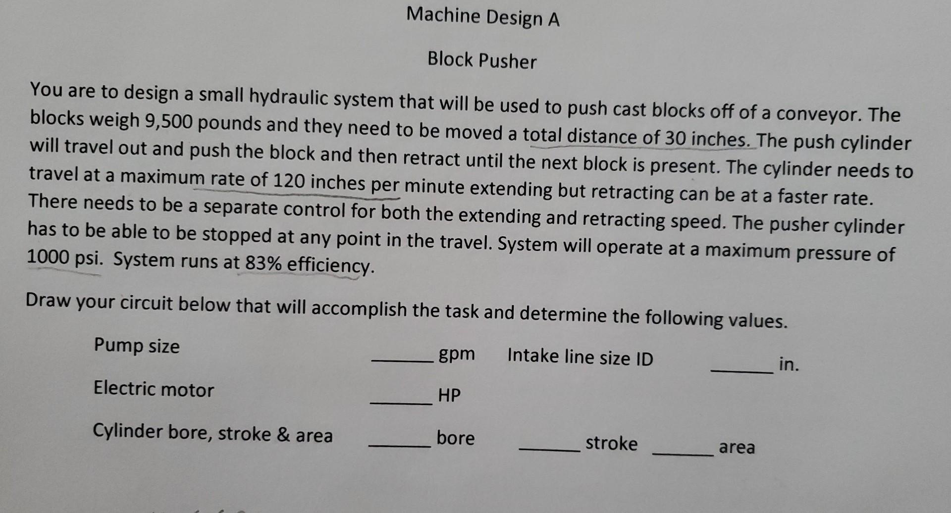 Block Pusher You are to design a small hydraulic | Chegg.com
