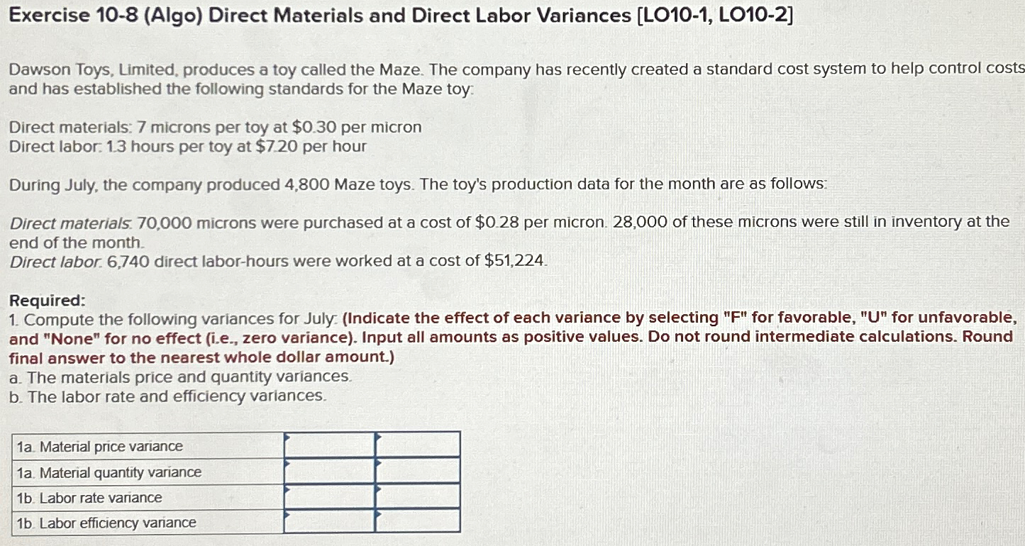 Solved Exercise 10-8 (Algo) ﻿Direct Materials and Direct | Chegg.com