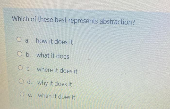 Solved Which of these best represents abstraction? a. how it | Chegg.com
