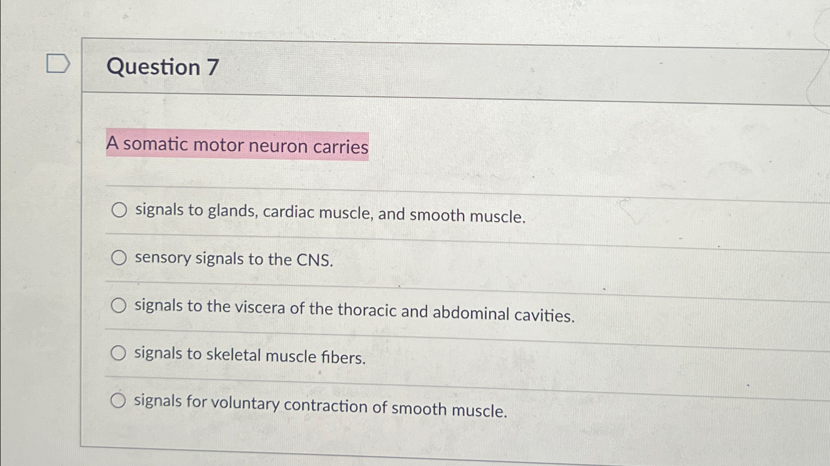 Solved Question 7A somatic motor neuron carriessignals to | Chegg.com