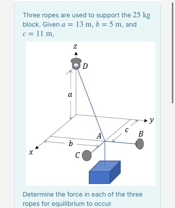 Solved Three ropes are used to support the 25 kg block. | Chegg.com
