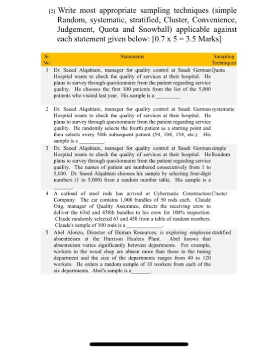 Solved [2] Write most appropriate sampling techniques | Chegg.com