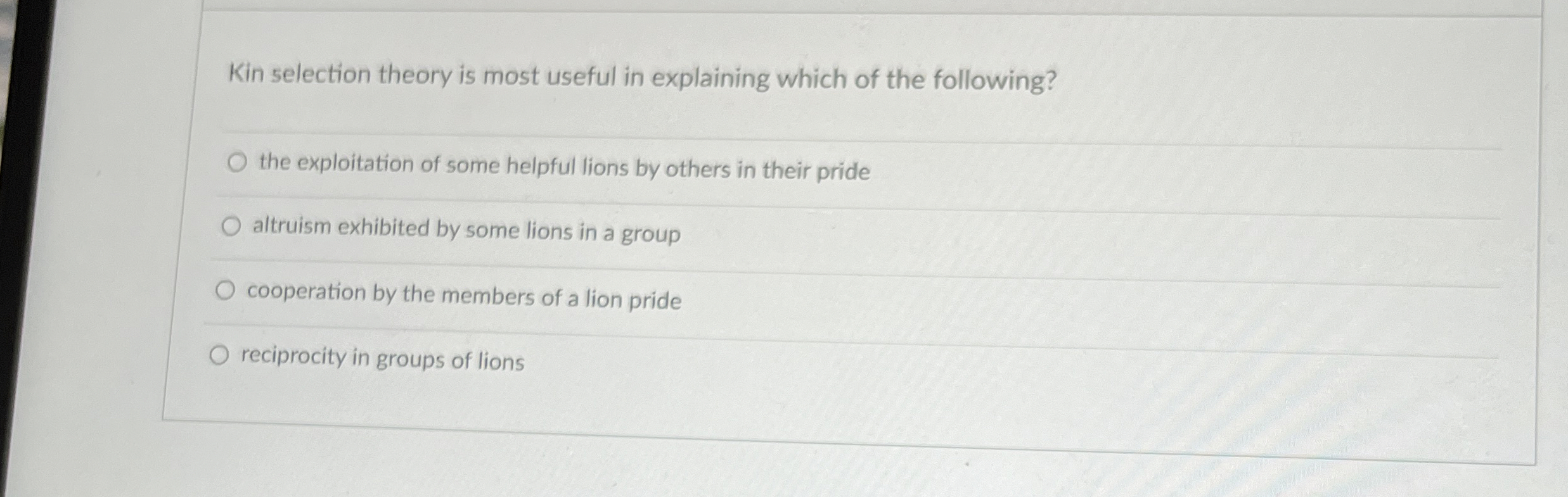 Solved Kin selection theory is most useful in explaining | Chegg.com