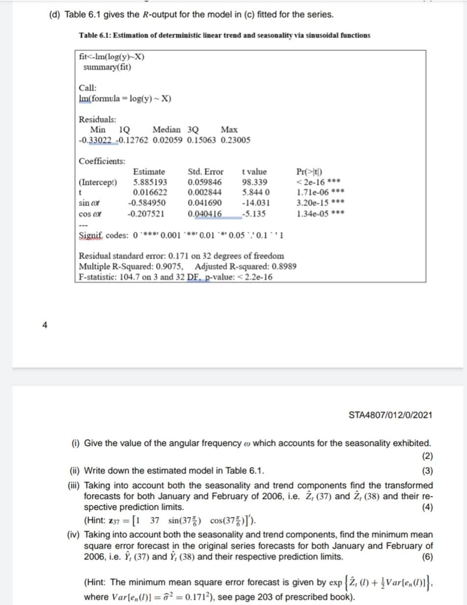 (d) Table 6.1 gives the R-output for the model in (c) | Chegg.com