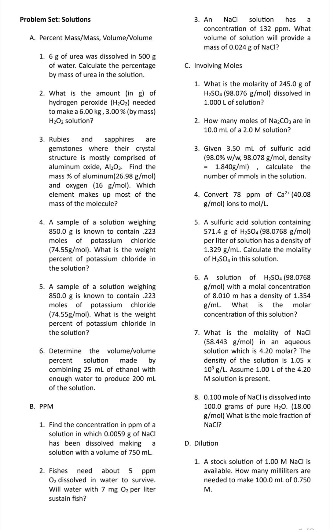 Solved oblem Set: Solutions A. Percent Mass/Mass, | Chegg.com
