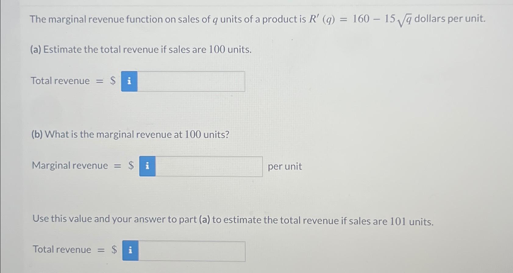Solved The marginal revenue function on sales of q ﻿units of | Chegg.com