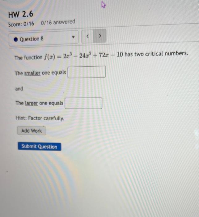 Solved The function f(x)=2x3−24x2+72x−10 has two critical | Chegg.com