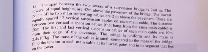 Solved 15. The span between the two towers of a suspension | Chegg.com