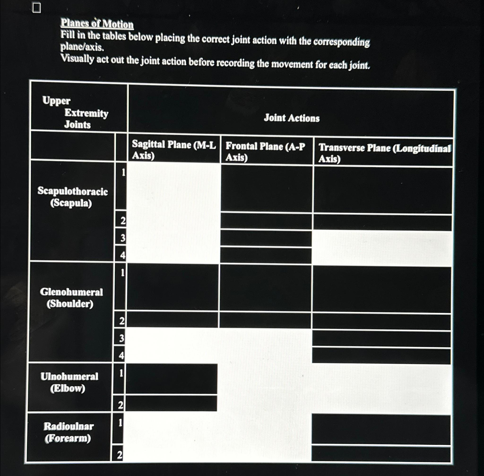 Solved Planes of MotionFill in the tables below placing the | Chegg.com