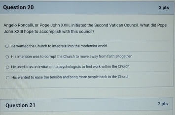 Solved Question 202ptsAngelo Roncalli, or Pope John XXIII, | Chegg.com