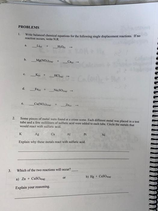 Solved PROBLEMS 1. Write balanced chemical equations for the | Chegg.com